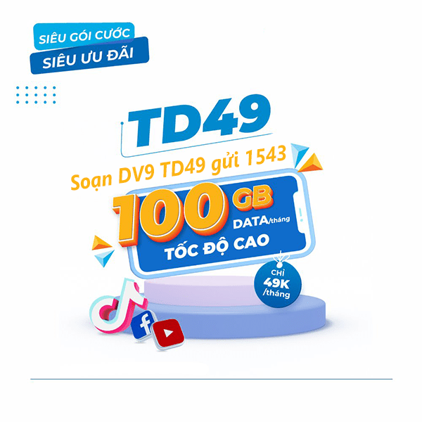 Đăng ký gói cước TD49 Vinaphone chỉ 49K có ngay 100GB Data/tháng