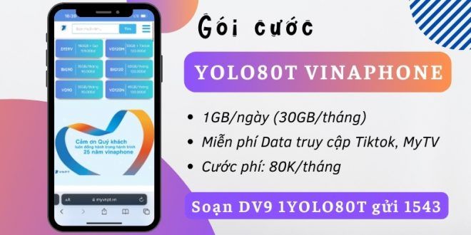 Đăng ký gói cước YOLO80T Vinaphone 80K Free 30GB, Tiktok, MY TV