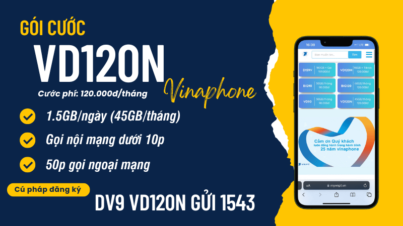 Đăng ký gói VD120N Vinaphone 120K có 45GB/tháng, Free gọi cả tháng