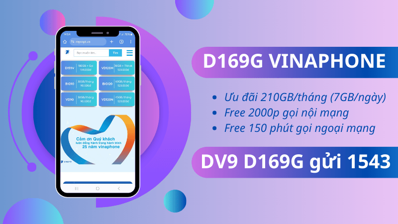 Đăng ký gói D169G Vinaphone ưu đãi 7GB/ngày và miễn phí 2150 phút gọi